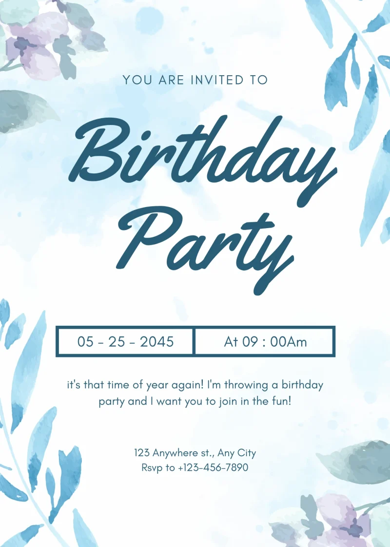 Elegant Blue And White Simple Floral Birthday Party Invitation Portrait ...