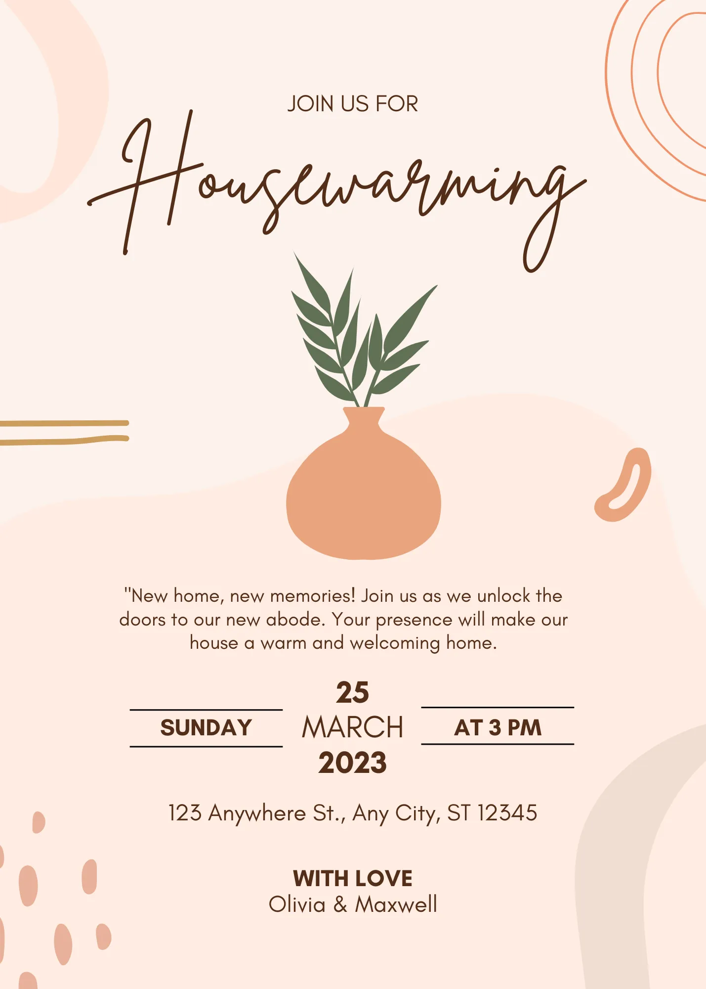 Digital Invitation Boho Cream and Brown Illustrative Housewarming ...