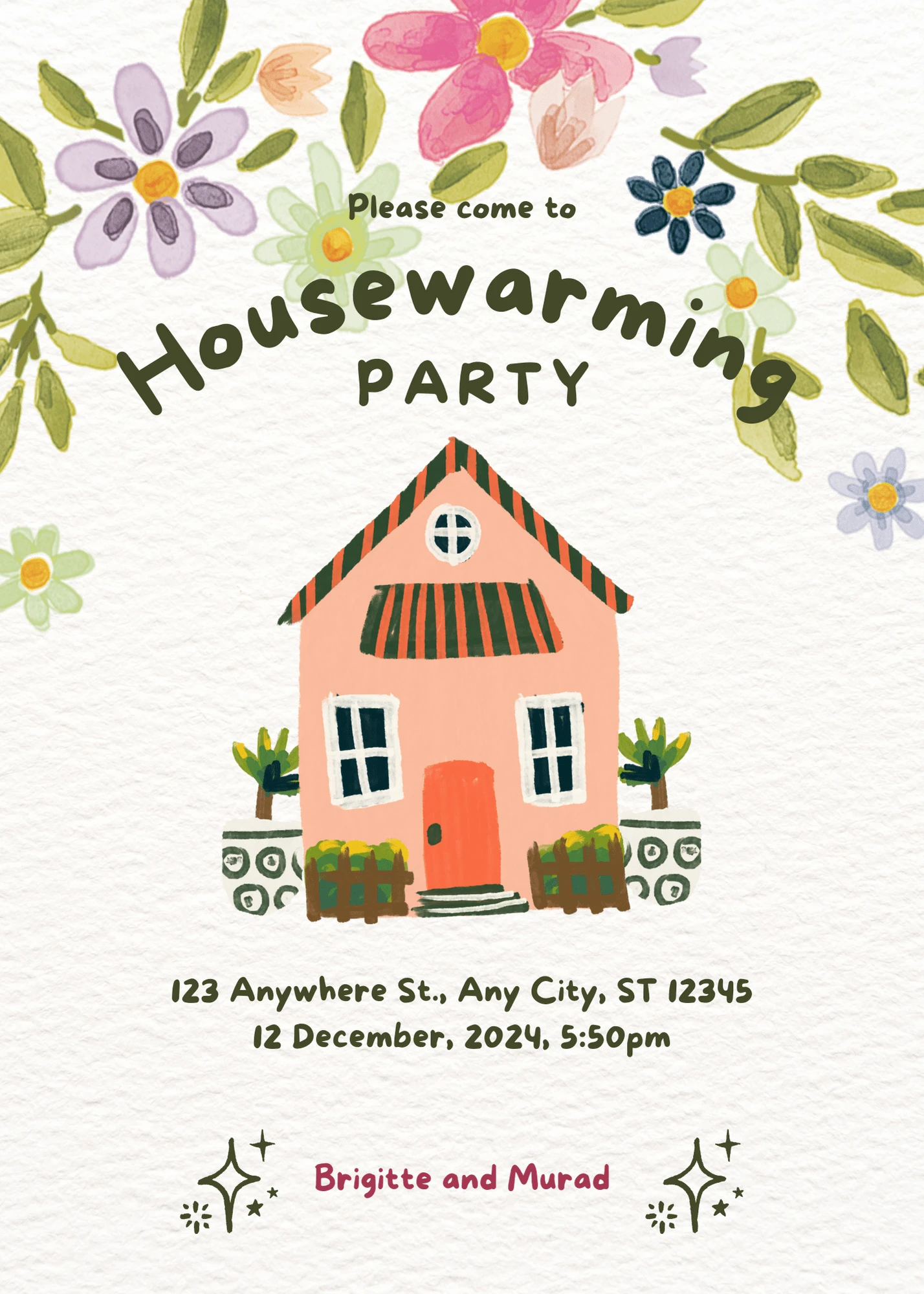 Digital Invitation Best Peach and Green Illustrated Housewarming ...