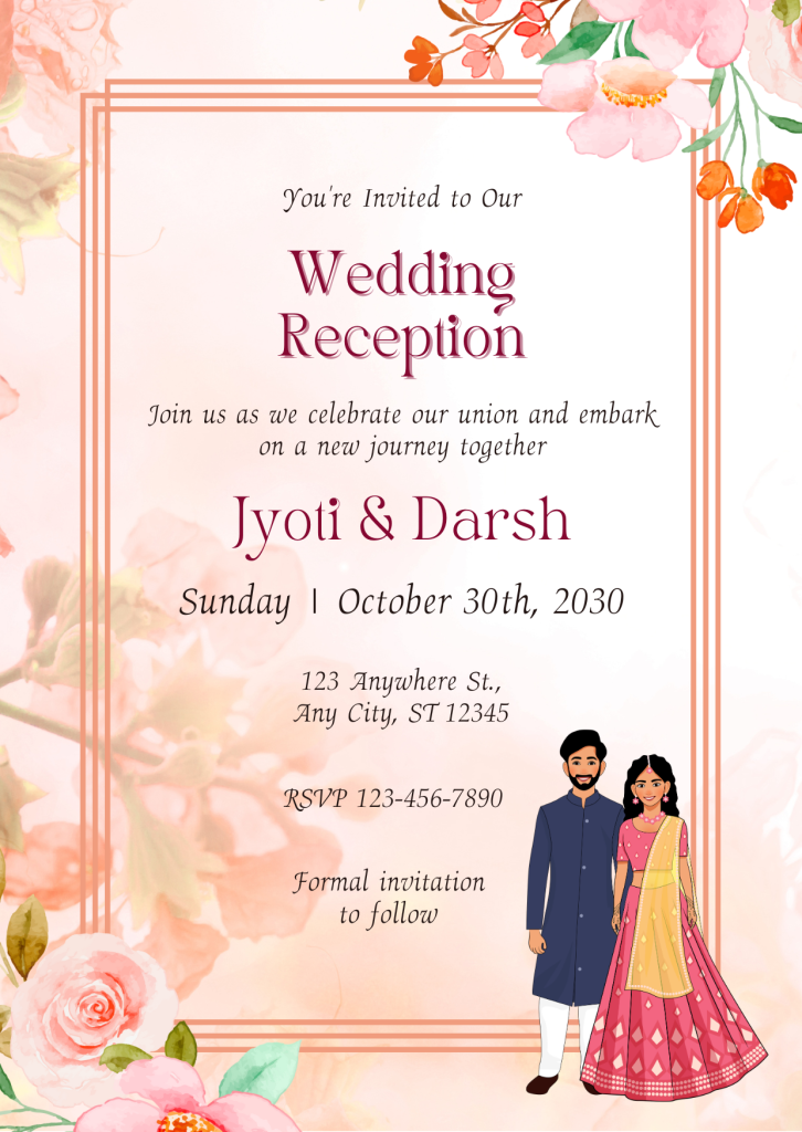 Peach Floral Indian Wedding Reception Invitation Card - Invitation Guru